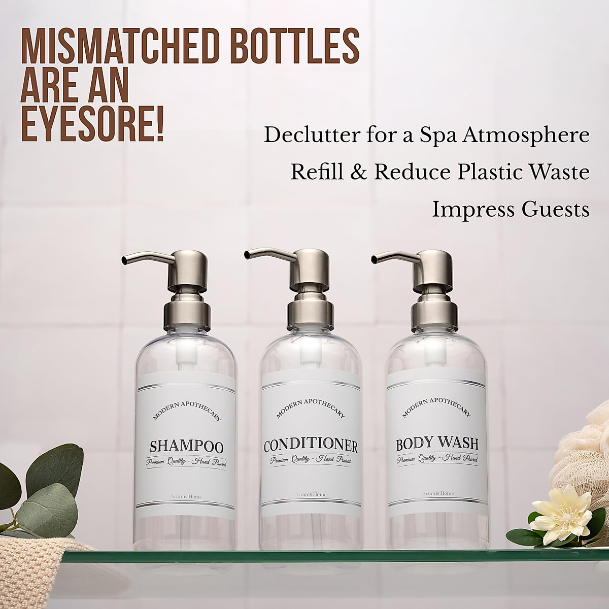 Clear Refillable Shampoo and Conditioner Bottles - Body Wash, Shampoo and Conditioner Dispenser - PET Plastic Shampoo Bottles Refillable with Pump - Waterproof Labels - 16 oz, 3 Pack (Stainless Steel)