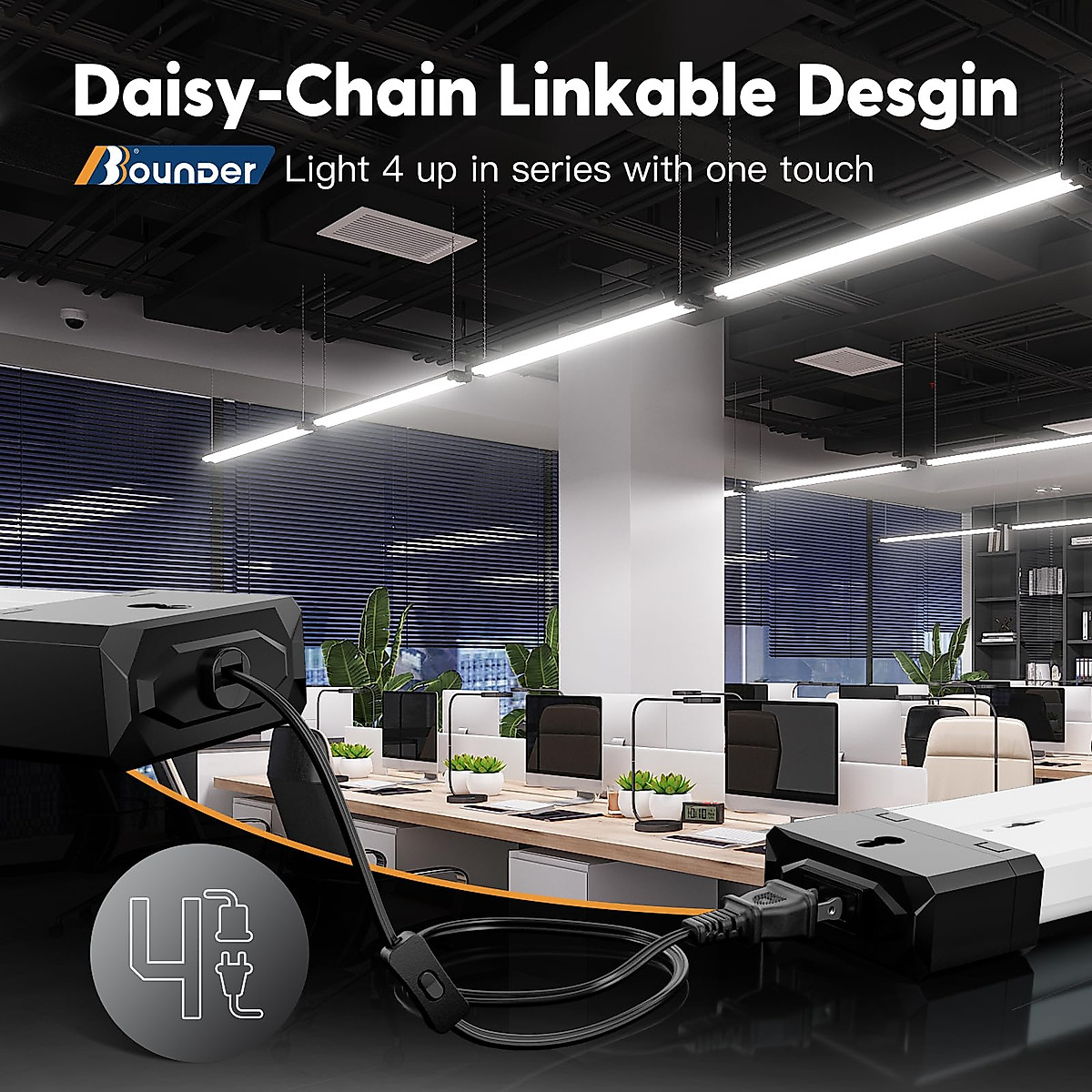 BBOUNDER 1 Pack Linkable LED Shop Light with Reflector, 4400 LM, 6500K Cool Daylight, 4 FT, 48 Inch Integrated Fixture for Garage, 40W Equivalent 250W, Surface & Suspension Mount, Black