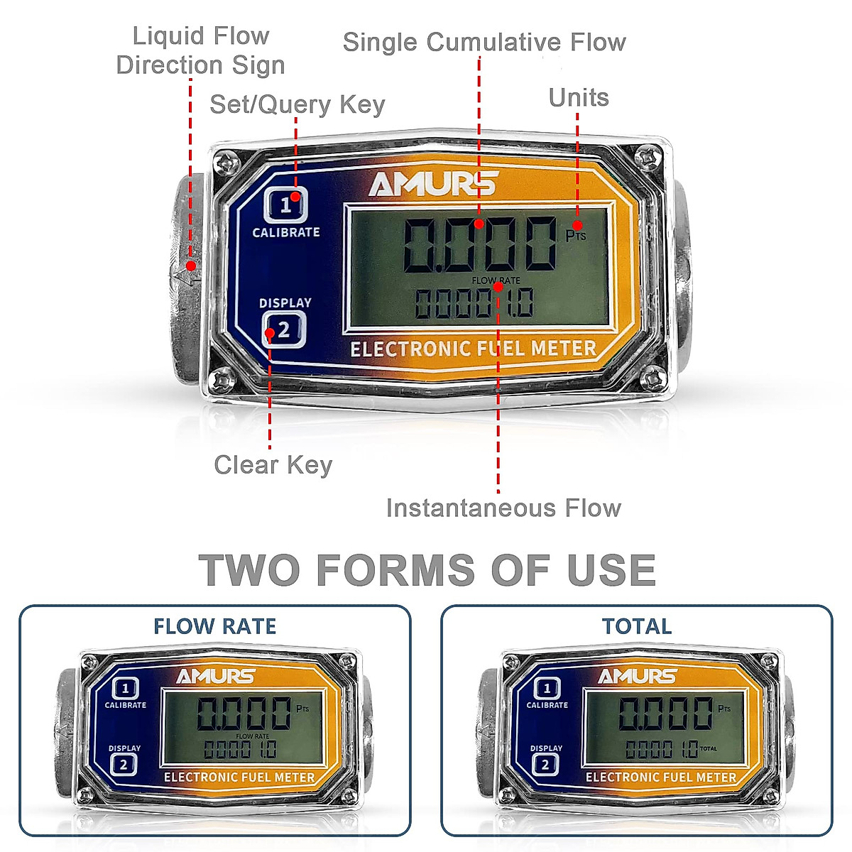 AMURS Turbine Flow Meter LCD Digital Display Flowmeter Gas Oil Fuel Flowmeters 1inch Fuel Flowmeter with NPT Counter for Measuring Diesel Kerosene Gasoline Flows