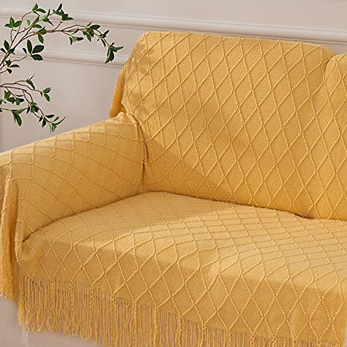 BATTILO HOME Mustard Throw Blanket with Fringe Geometric Bed Gold Yellow Throws Breathable Decorative Large Throw for Couch Sofa Indoor Outdoor (Mustard, 50"x60")