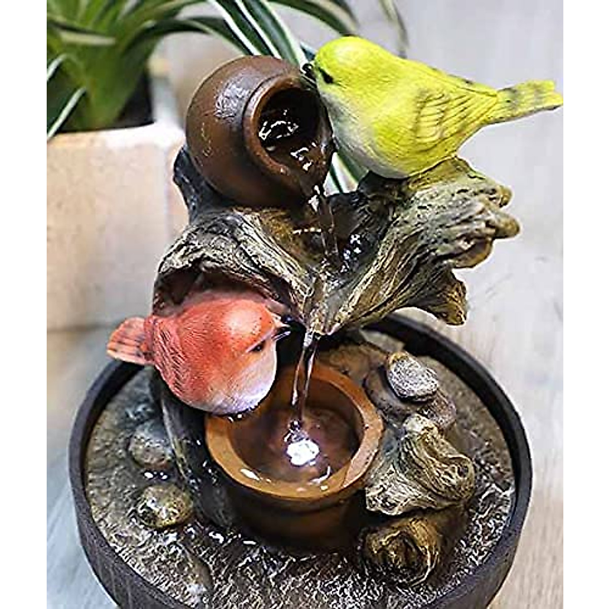 Ferrisland Tabletop Fountain Birds Waterfall Desktop Electric Water Fountain Decor w/LED - Indoor Outdoor Portable Tabletop Decorative Zen Meditation Waterfall Kit Includes Submersible Pump