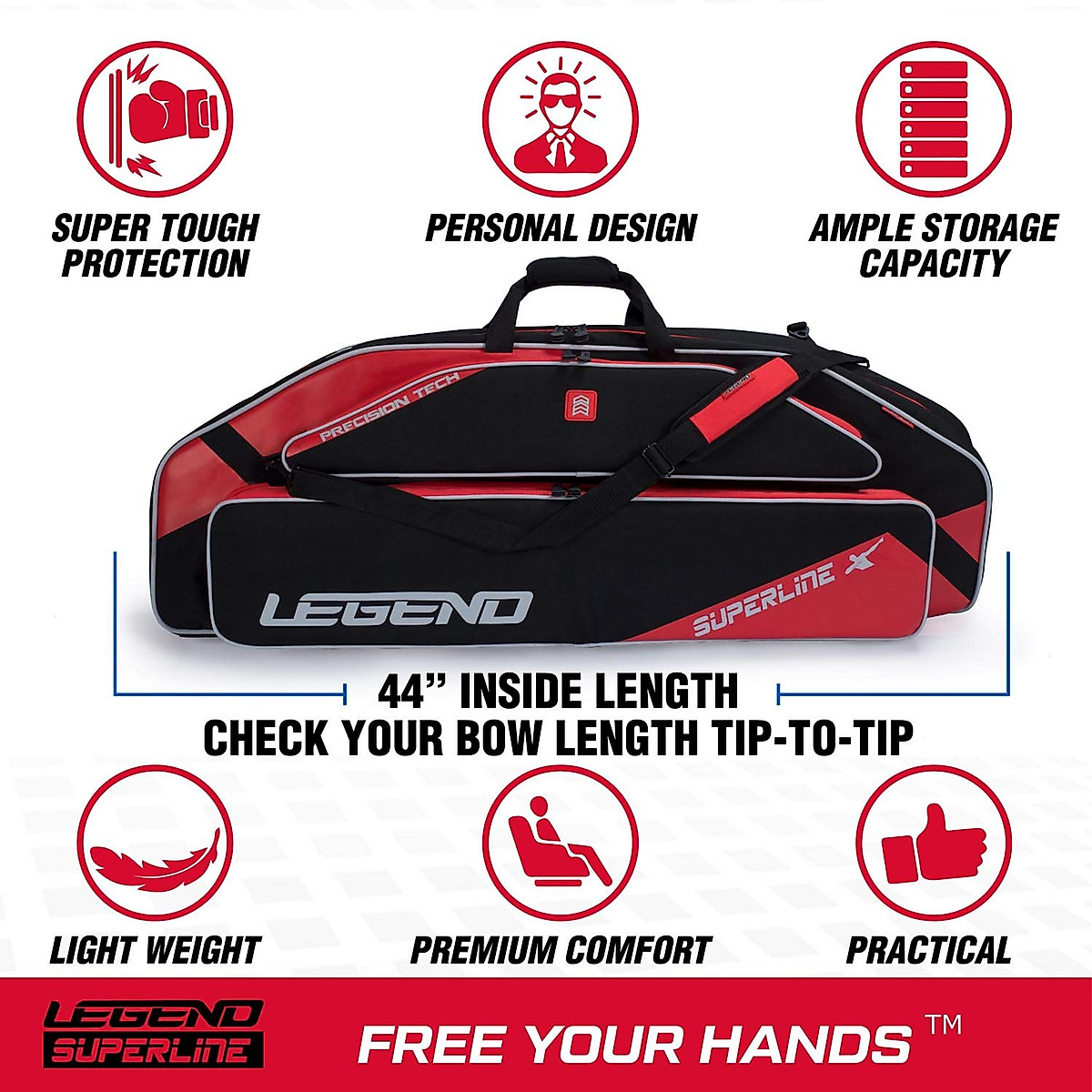 LEGEND Superline Soft Bow Case for Compound Bow - Archery Bow Case with Backpack, Shoulder Straps, Padded Storage Pockets, Cam Protector, Arrow Tube Holder - Travel Bag for Archery Gear - 44" Interior