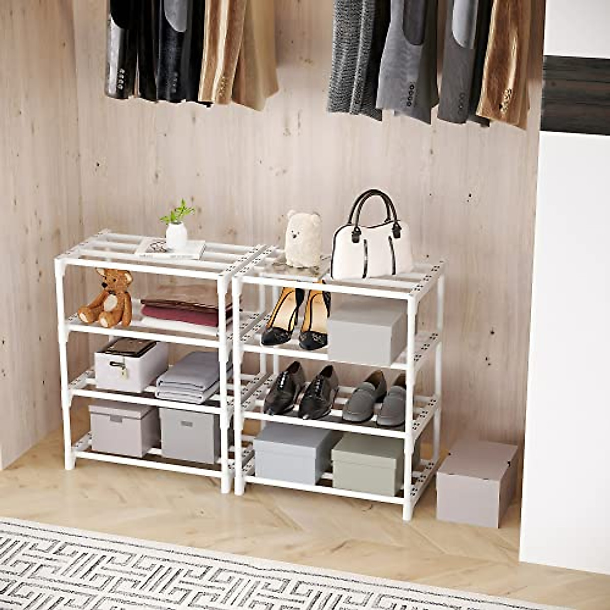 SOKOSEN 4-Tier Small Shoe Rack, Metal Stackable Kids Shoe Shelf Storage Zapateras Organizer,Narrow Shoe Stand Sturdy for Closet Hallway Entryway Living Room Bedroom（White）