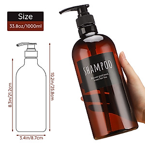 Segbeauty 32oz Shampoo Bottle, Empty Shampoo and Conditioner Bottle with Pump, 3pcs 1Liter Shampoo Dispenser Bottle for Body Soap Conditioner, Labeled Brown Plastic Press Dispenser Refillable