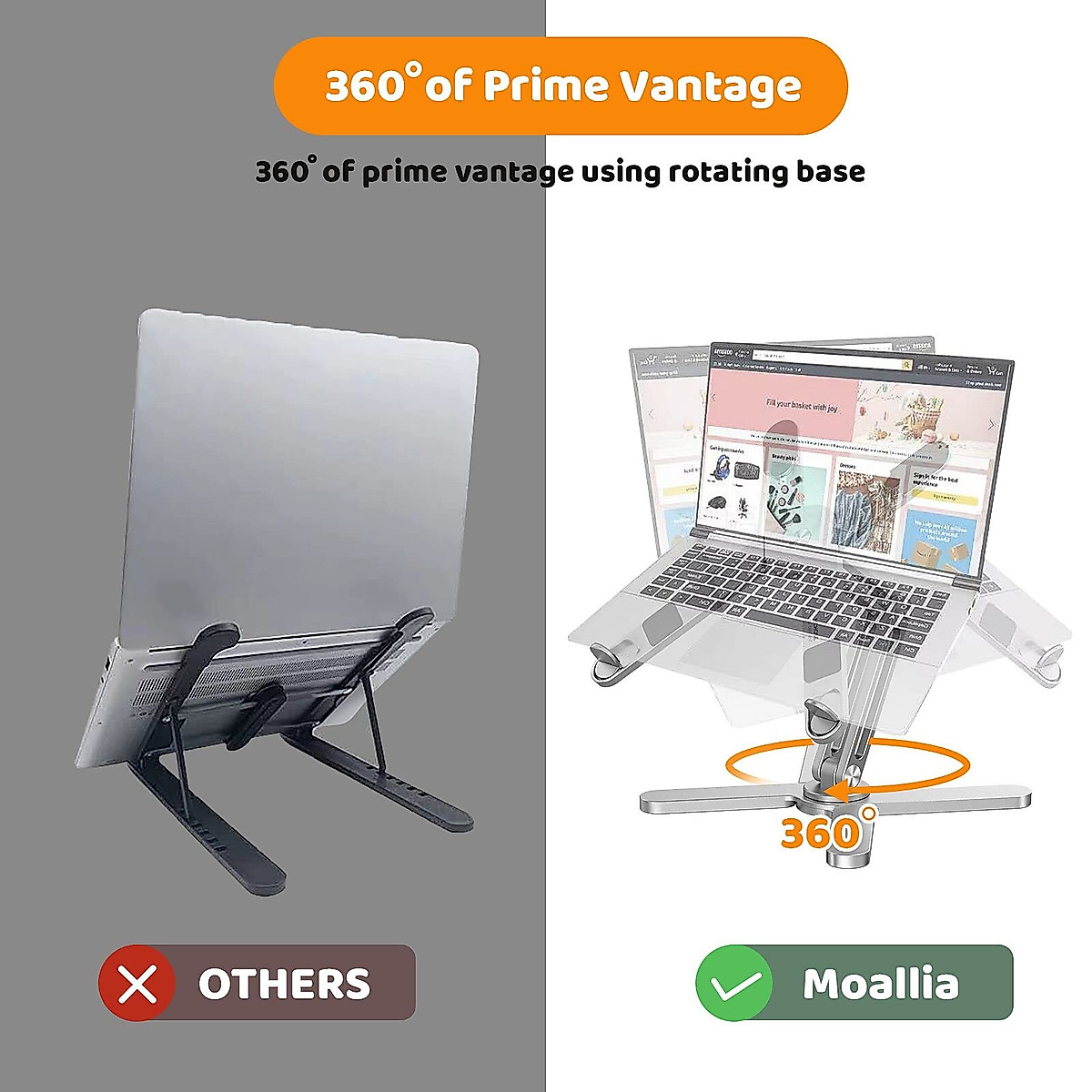 Moallia Laptop Stand with 360 Rotating Base, Computer Notebook Laptop Riser Metal Holder for Desk Collaborative Work, Fully Foldable for Easy Storage, Fits All MacBook, Laptops up to 16 inches