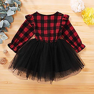 Toddler Baby Girls Christmas Outfit Buffalo Plaid Ruffle Long Sleeve Shirt Tutu Skirt Dress Clothes (4-5T,Black and red Plaid)