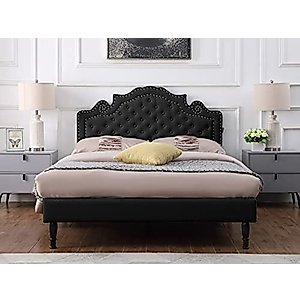 Full Upholstered Platform Bed Frame with 47" Tall Adjustable Headboard - Button Tufted Linen Bed - Wood Slat Support with Storage Space - No Box Spring Needed - Black - Oliver & Smith - Elizabeth