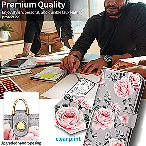 HOGGU iPhone 13 Wallet Case - Magnetic Detachable, RFID Blocking, Hand Strap, Floral PU Leather Cover (Gray)