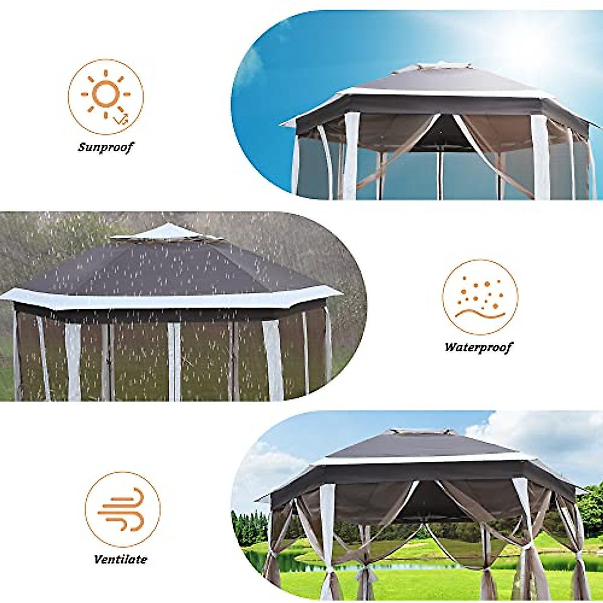 LONABR 12’ X 12’ Pop Up Gazebo with Mosquito Netting Hexagonal Outdoor Canopy for Patio,Garden,Backyard Tent Canopy with Strong Iron Frame Storage Bag