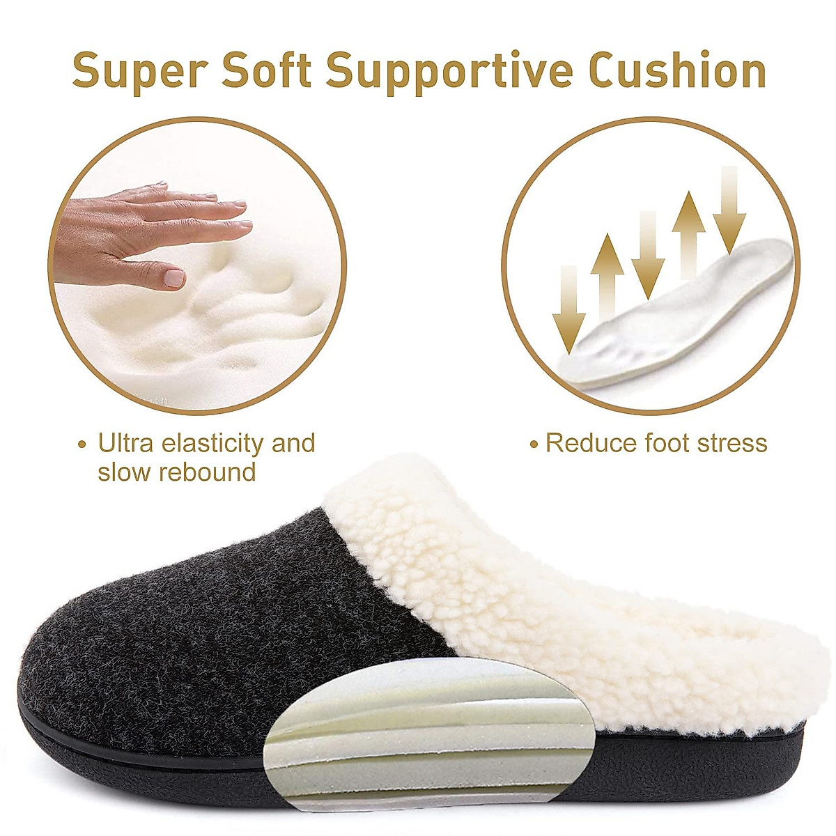 Wishcotton Women's Lamb-rub Sherpa House Slippers Memory Foam Indoor Outdoor, Black, 8-9 US