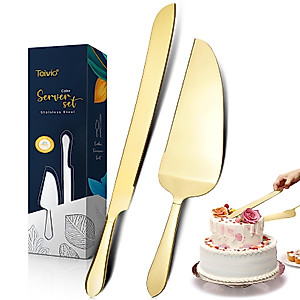Teivio Cake Cutting Set (2 Pieces), Stainless Steel Wedding Cake Knife and Server Spatula, Cake & Pie Serving Set for Birthday, Wedding, Parties, Thanksgiving (Gold)
