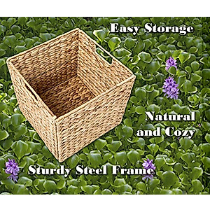 4 Decorative Hand-Woven Small Water Hyacinth Wicker Storage Basket, 13x11x11 Perfect for Shelving Units