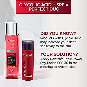 L'Oreal Paris Revitalift 5% Pure Glycolic Acid Peeling Toner with Aloe Vera, Smooth Skin & Reveal Glow, Daily Exfoliant, Alcohol Free, Fragrance Free 6 fl oz