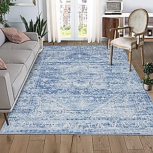 ROYHOME Area Rug 8' x 10' Machine Washable Persian Rug Traditional Abstract Rug Indoor Floor Cover Distressed Carpet Rug Velvet Mat Foldable Accent Rug for Living Room Bedroom Dining Room, Blue