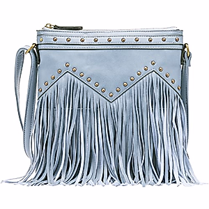 B BRENTANO Vegan Fringed Crossbody Bag with Studs (Blue Gray)