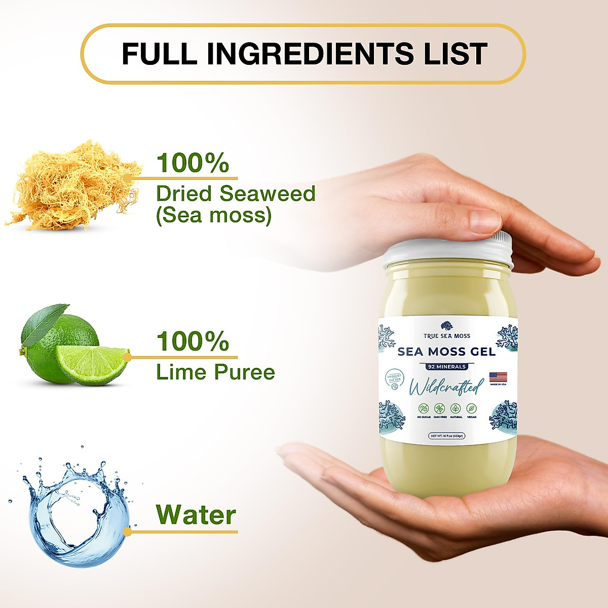 TrueSeaMoss Wildcrafted Irish Sea Moss Gel - Made with Dried Seaweed - Seamoss, Vegan-Friendly, - Antioxidant Supports Thyroid & Digestion - Made in USA (Original, Pack of 1)