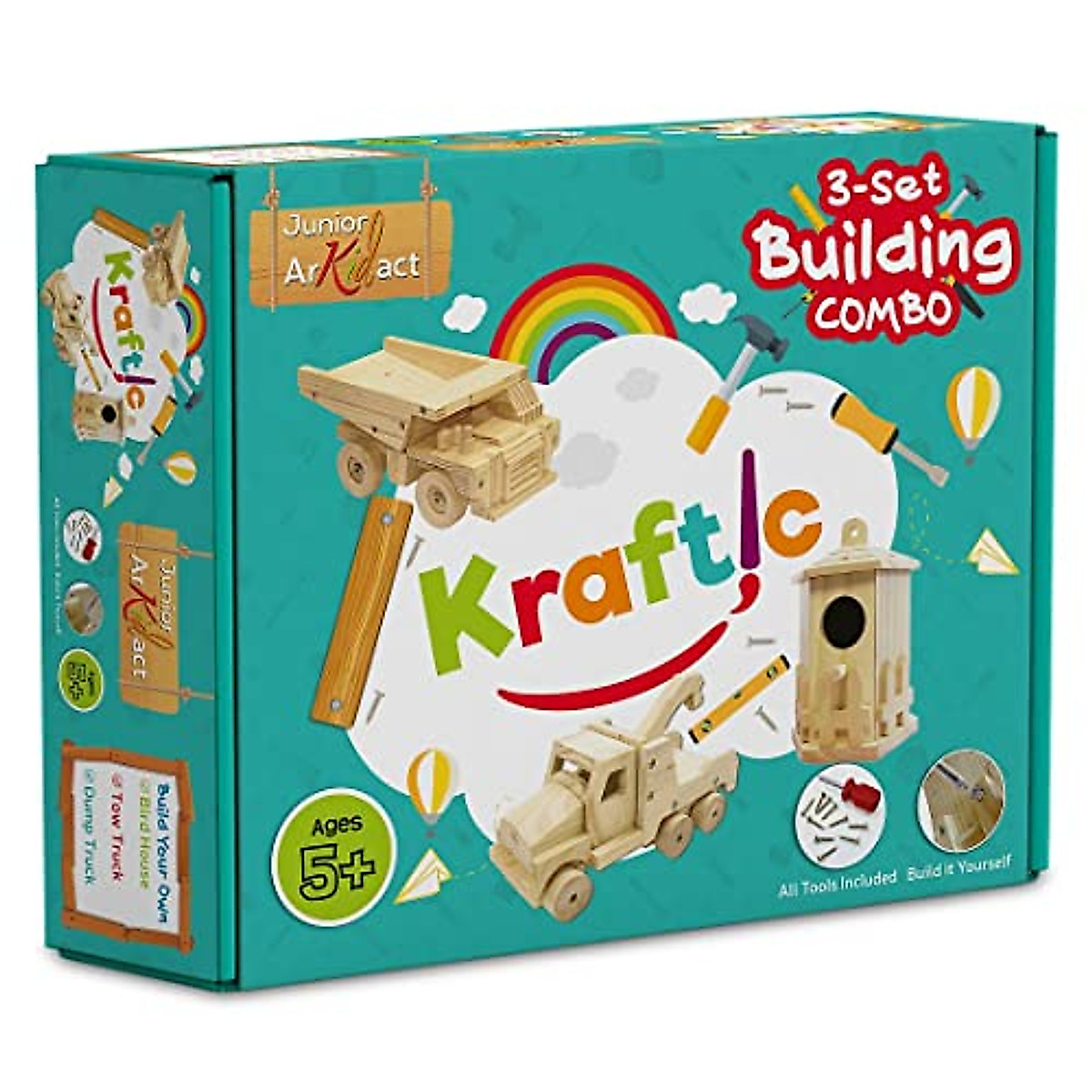 Kraftic Woodworking Building Kit for Kids and Adults, 3 Educational DIY Carpentry Construction Wood Model Kit Toy Projects for Boys and Girls - Build a Wooden Military Jet Race Car and Tractor Trailer