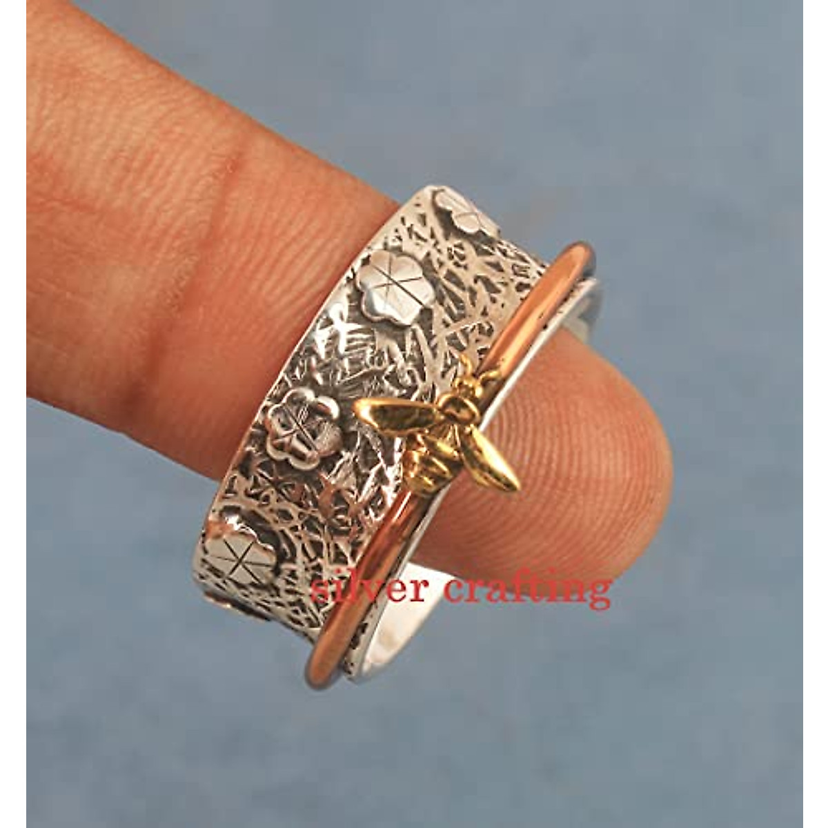 Honey Bee Spinner 925 Sterling Silver Meditation Ring Beautiful Flower Design Handmade Vintage Silver Spinner Ring (12.5)