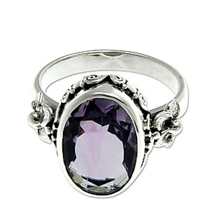 NOVICA Artisan Handcrafted Amethyst Solitaire Ring Floral Sterling Silver Purple Single Stone Indonesia Mauve Mist Birthstone [crownbezel 0.6 in L x 0.4 in W x 0.2 in H Band Width 3 mm W] '