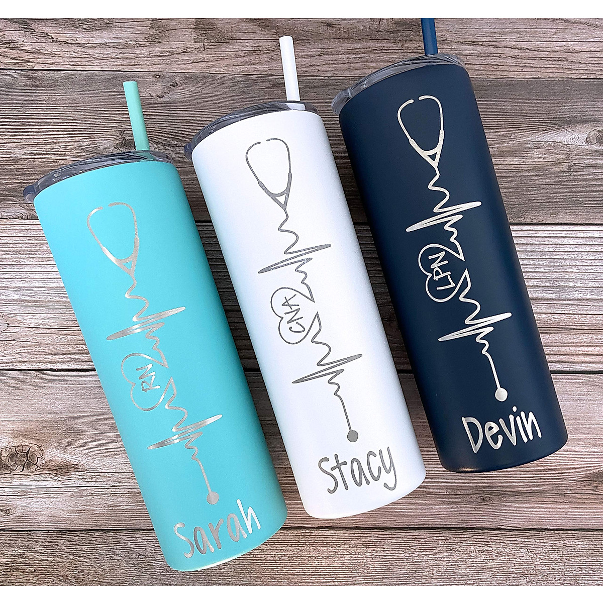 Heartbeat Nurse's Personalized Laser Engraved 20 oz Stainless Steel Skinny Tumbler with Custom Stethoscope by Avito - Includes Straw and Lid - Nurse RN, CNA, PA - Nurse Gift