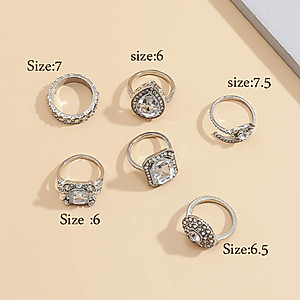 Missgrace Silver Full Rhinestones Stackable Dainty Boho Rhinestones Rings Set Festival Bohemian Rings Set Beach and Vacation Jewelry Knuckle Rings Tribal Accessory for Women and Girls 6Pcs