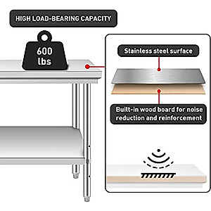 Commercial Work Table, 36" x 24" Stainless Steel Work Table with Wheels Heavy Duty Table for Restaurant Home and Hotel