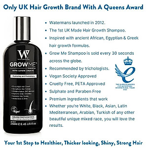 Watermans Grow Me® Hair Growth Shampoo, Caffeine, Biotin, Argan Oil, Rosemary Oil. Anti-Thinning Shampoo, Improves Hair Volume, DHT Blocking for Hair loss in Women & Men. 8.45 fl. oz