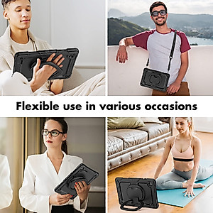 VetvonSamsung Galaxy Tab A8 10.5 Case (SM-X200/X205/X207)-Heavy Duty Protection Shockproof Case,360°Rotating Hand Stand with Pencil Holder Adjustable Shoulder Strap for Galaxy tab A8 Case-Black