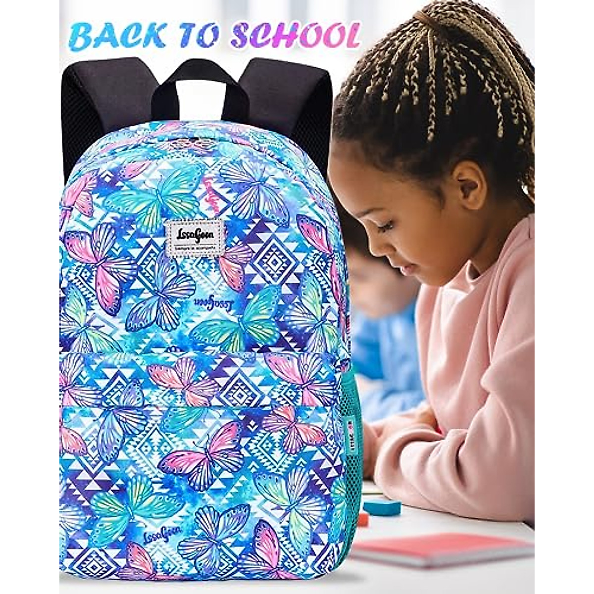 LSSAGOON Butterfly Print Backpack for Girls Teens Women.16in Bookbag W/Stationery Bag.Casual Baypack for Travel School Gift.