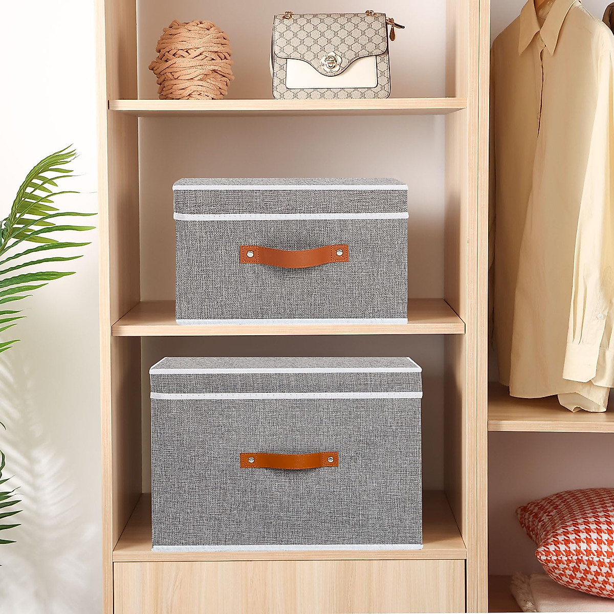 YheenLf Fabric Storage Bins with Lids, Linen Foldable Storage Boxes, Closet Storage Organizer Containers with Handles, Storage Cube for Bedroom, Grey, 1 Pack, 13 x 9.1 x 7.9 in