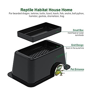 Black Reptile Habitat Box House Cave with Hollowed Out Design for Lizard, Frog, Crested, Gecko, Snake, Spider, Fish, Shrimp, Chameleon, Tortoise, Frog House with Shading & Water Supply. (M)