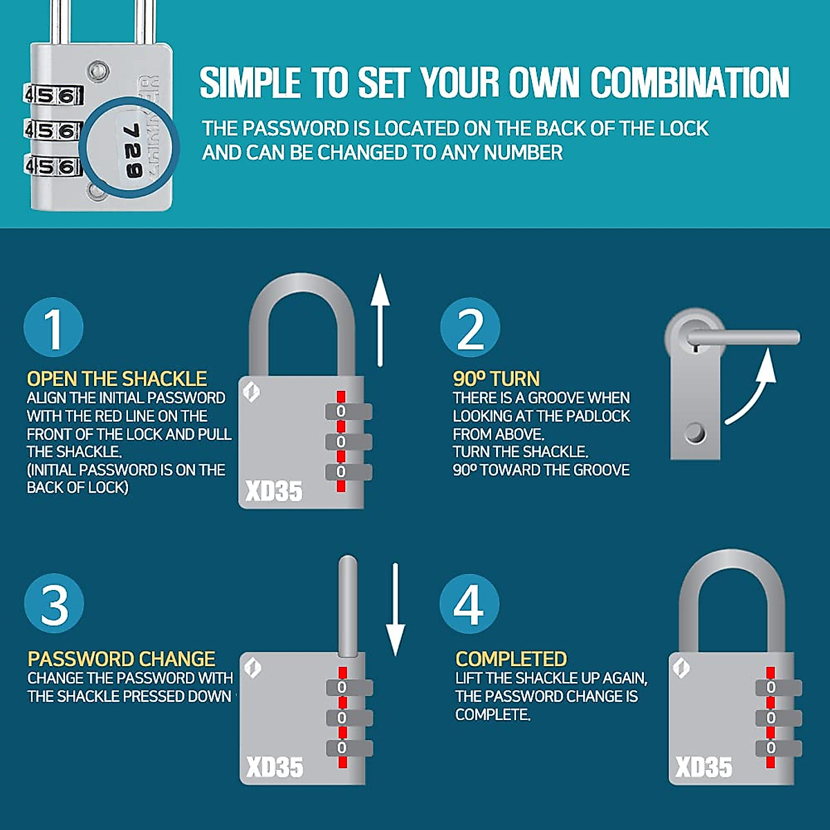 Zarker XD35 Combination Lock, 3-Digit Padlock for School Gym Sports LockerLock, Fence, Toolbox, Case, Hasp Storage (1-Pack, Emerald)