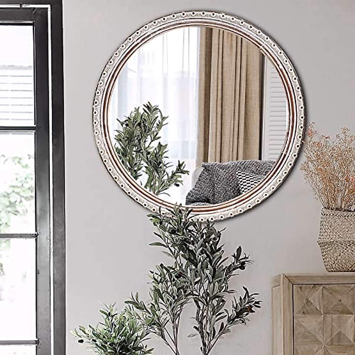 HCODCIBA Round Mirror 24 Inches, Farmhouse Wood Circle Mirror,Wall Mirror Decorative for Entryway,Bedroom, Living Room,Rustic Wooden Hanging Mirror