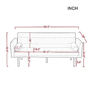 Velvet Futon Sofa Bed with 5 Golden Metal Legs, Sleeper Sofa Couch with Two Pillows, Convertible Loveseat for Living Room and Bedroom (Black)