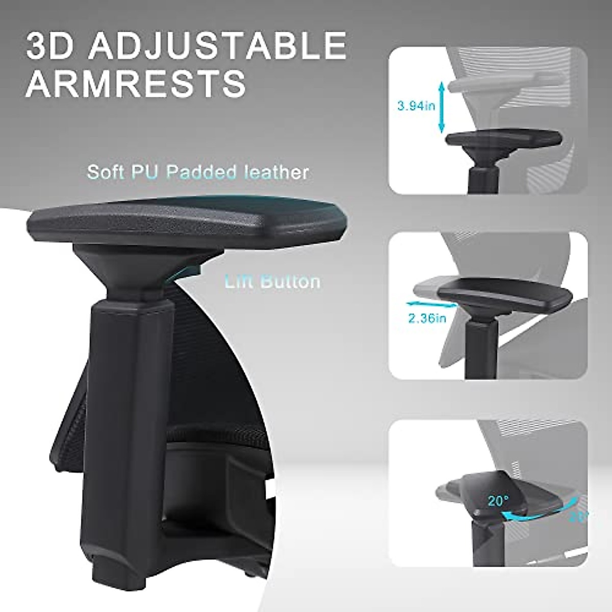 Youhauchair Ergonomic Office Chair, Home Office Desk Chairs with Adjustable Headrest and Lumbar Support, 3D Armrests, Tilt Lock Function, High Back Swivel Mesh Computer Chair