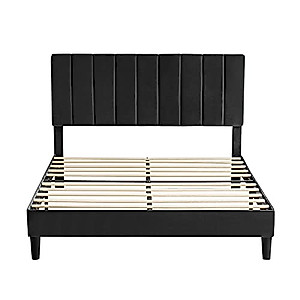 Queen Platform Bed Frame Black Velvet Upholstered Bed Frame with Vertical Geometric Adjustable Headboard,Wooden Slats Support,No Box Spring Needed,Mattress Foundation,Easy Assembly,Noise Free Design