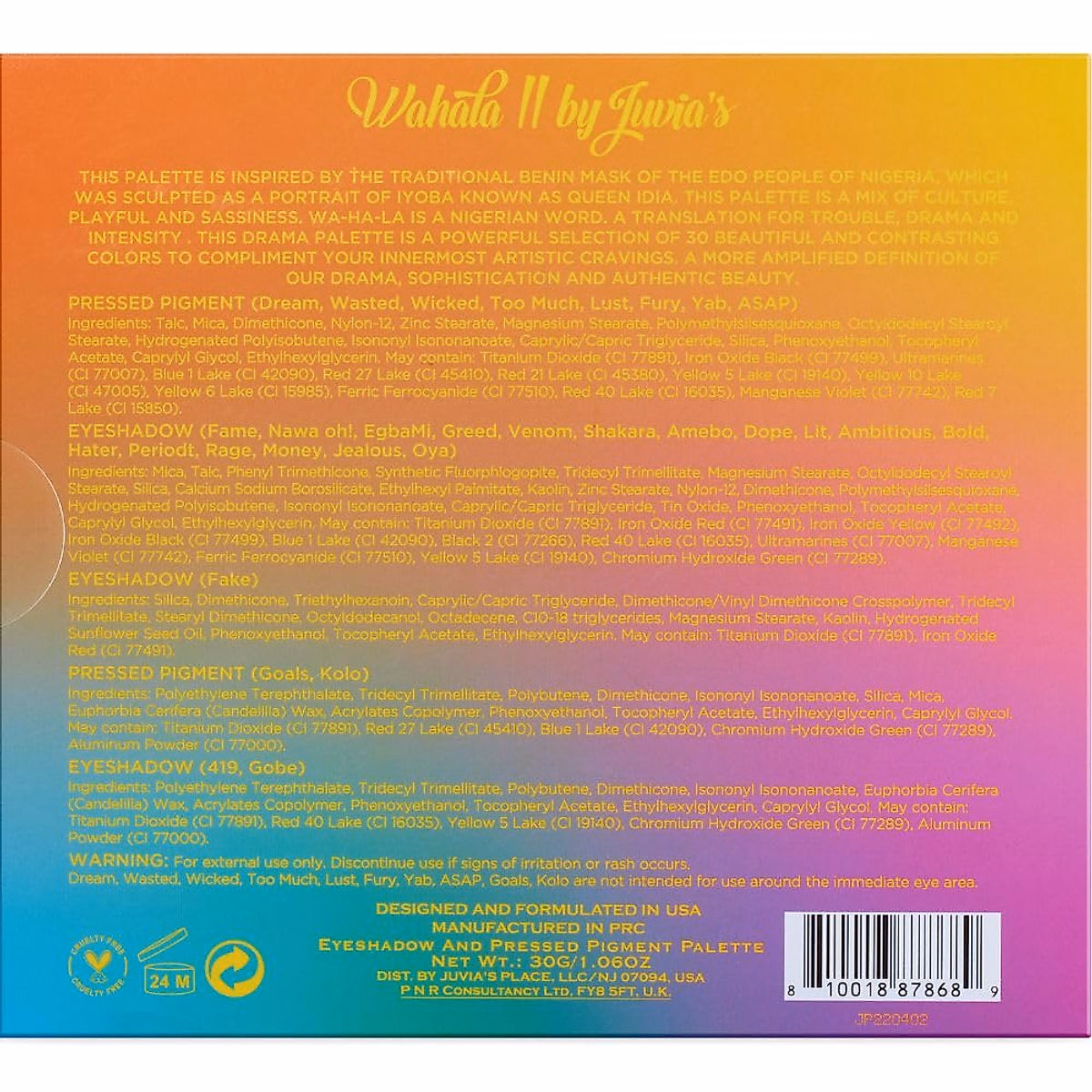 Juvia's Place Palette Wahala 2 - Ice Cold, Periwinkle, Cobalt Blue, Aquamarine, Orange, Pink Palette, 30 Shades, Professional Eye Makeup, Pigmented Palette for Eye Color & Shine