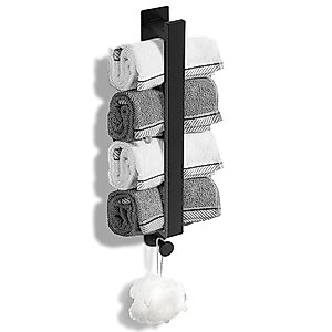 Towel Bar,15.75in Towel Holder Wall Mounted Stainless Steel Towel Rack Thicken 2.5in No-Drill Towel Rack with 1 Hook for Bathroom Matte Black (Black)