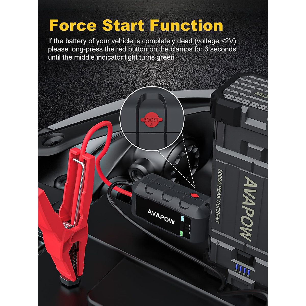 AVAPOW Car Battery Jump Starter 3000A Peak, Jumpstart with Force Start Function, Portable Starters for Up to 8L Gas 8L Diesel Engine with Booster Function,12V Lithium Jump Charger Pack Box