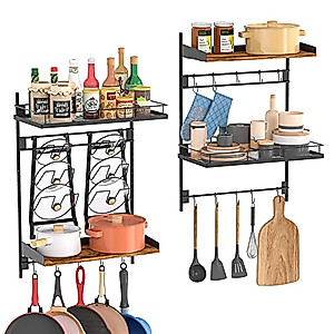 Zitaloken Hanging Pots and Pans Organizer, 2 Packs Adjustable Kitchen Shelves Wall Mounted, Pot Lid Holder Cookware & Cutting Board Storage Rack with 18 Hooks,Matte Black