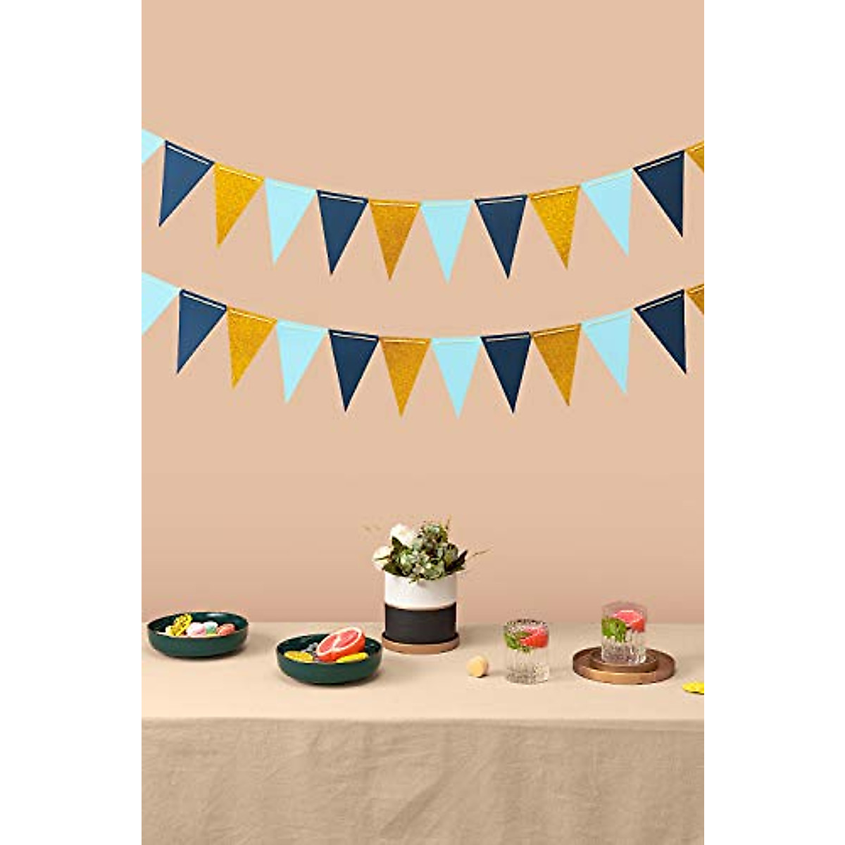 10 Feet Paper Pennant Party Decorations, Triangle Flags Bunting, Paper Triangle Garland for Wedding Decor, Nursery Wall Decor, Baby Shower, Bridal Shower (Gold Glitter, Aqua Blue, Navy Blue) 18PCS