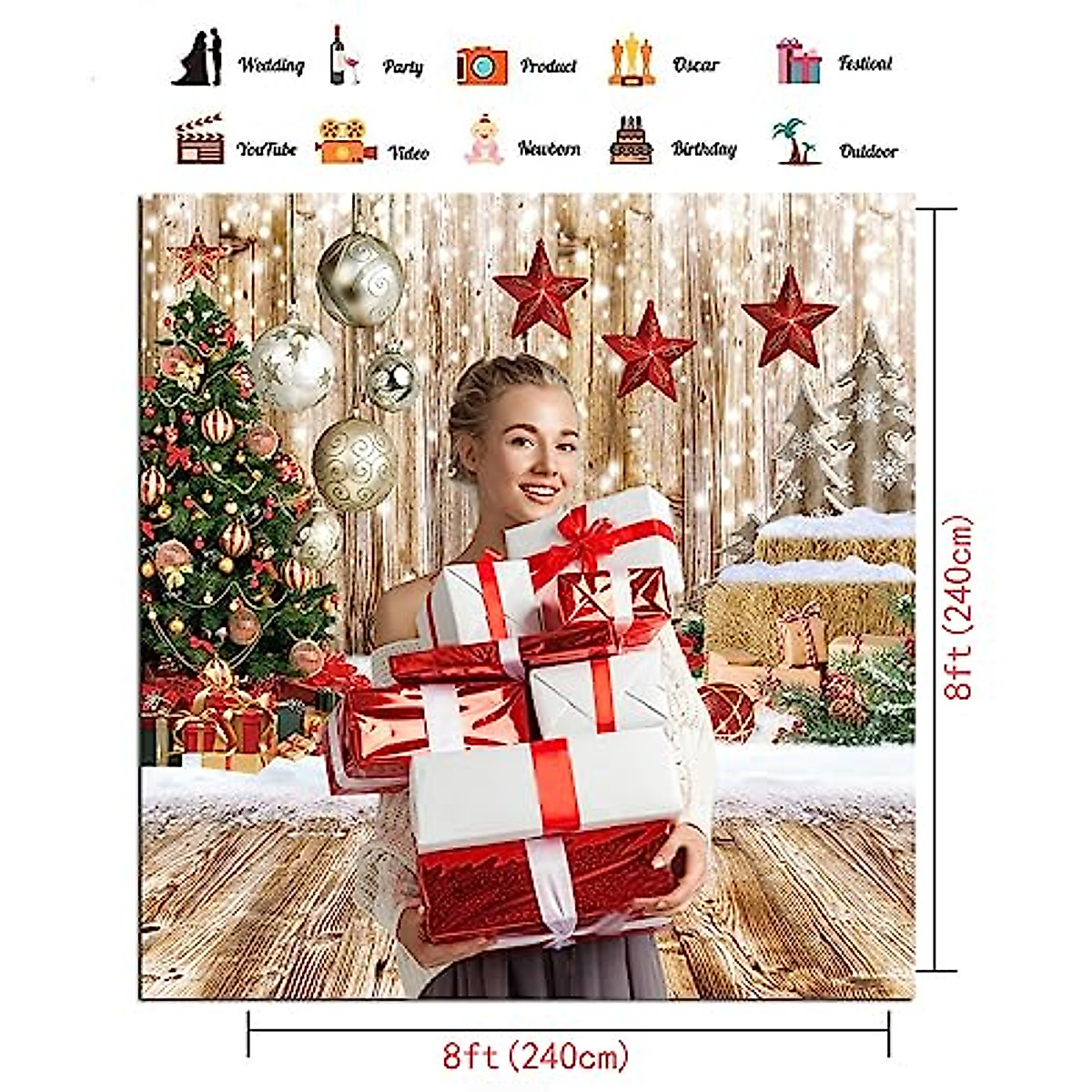 CHAIYA 8X8FT Christmas Backdrop Wood Floor Backdrop Winter Snow Xmas Tree Gift Christmas Family Party Background New Year Party Decoration Backdrop CY243