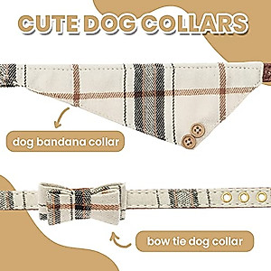 TUKOAW Leather Small Dog Collar and Leash Set - Plaid Bow Tie & Bandana Cute Dog Collar - Adjustable Pet Collars with Walking Leash for Small Dog Puppy Cat