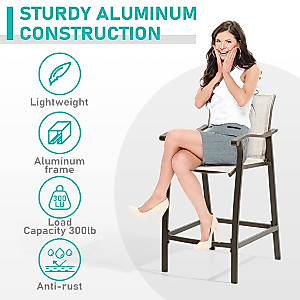 VredHom Outdoor Bar Stools & Chairs Set of 2, 2 PCS Counter Height Bar Stools, Patio Bar Chairs Brown Aluminum Frame & Beige Textilene