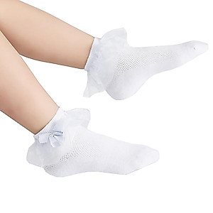 Looching 6 Pairls Baby Toddlers Girls Ruffle Frilly Socks Cotton Princess Lace Top Mesh Dress Socks with Bowknot