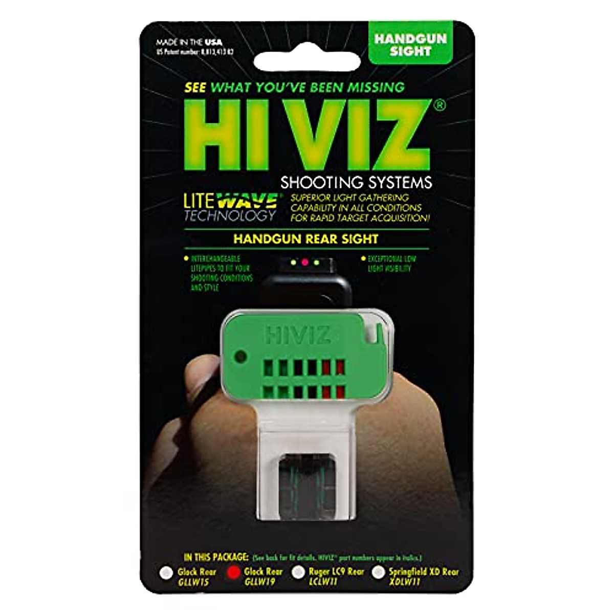 HIVIZ GLLW19 Interchangeable LITEWAVE Rear Handgun Sight for Glock 45 ACP/10mm/45 GAP Green, Red, White