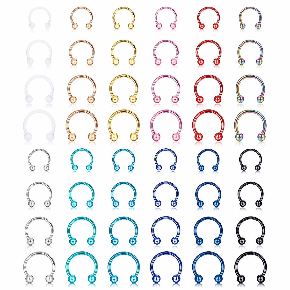 Sanfenly 48Pcs 14G Stainless Steel Horseshoe Nose Septum Rings Piercing Jewelry Cartilage Helix Tragus Earring Hoop Eyebrow Lip Hoop Piercing Ring for Women Men 6mm 8mm 10mm 12mm