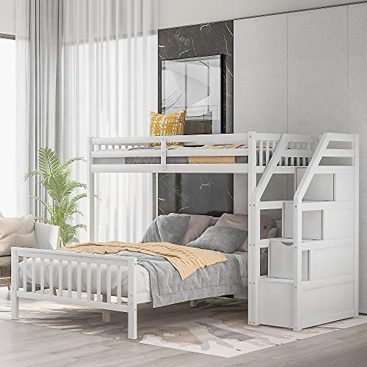 Harper & Bright Designs Twin Over Full Loft Beds, Bunk Beds Twin Over Full with Stairway and Storage, Full-Length Guardrail, No Box Spring Needed (White Twin Over Full Bun Beds)
