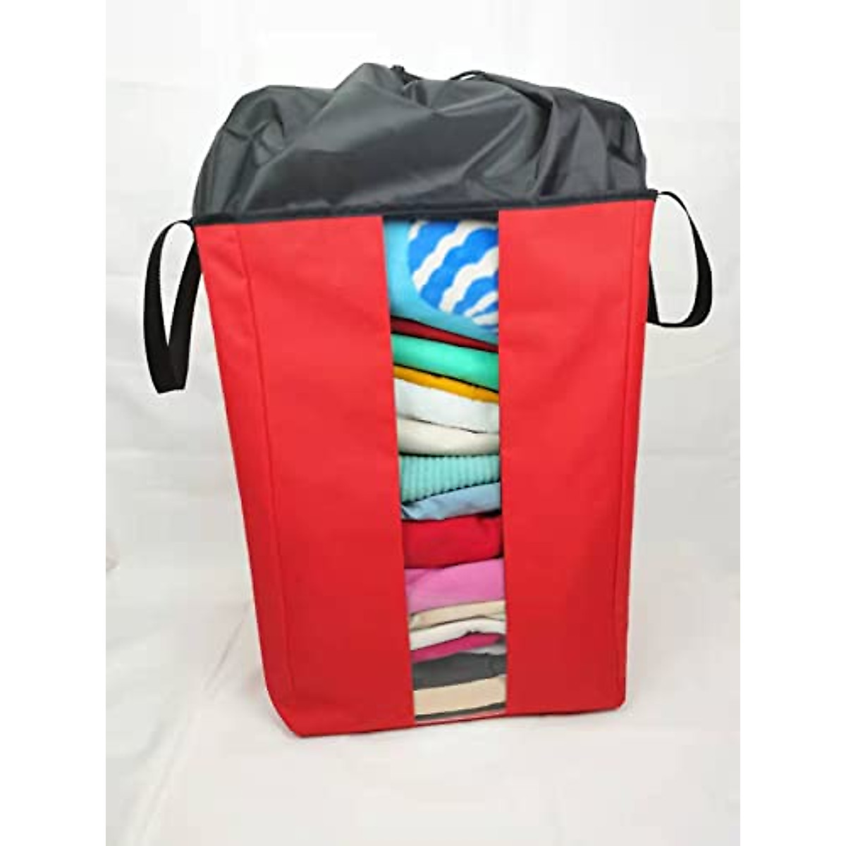 CYIRAN Visible Large Capacity Clothes Storage Bag Organizer with Handle Thick Fabric Foldable Drawstring Closure Water-Proof Storage Hamper Laundry Basket (Red, Visible)