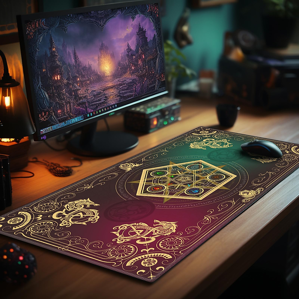 EDGFRTOIO Playmat with Zones for MTG Card Game Playing, Game Mats Tabletop Magic Play Mats 24"x14" Commander Deck Gaming Desk Duel Mat Card Gameplay Mats for Beginner, Five Elements